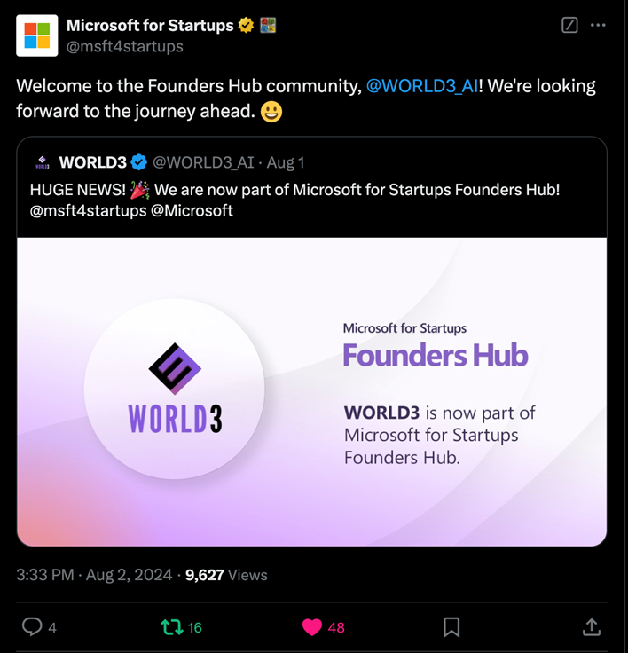 WORLD3 Joins Microsoft for Startups to bring AI Agents to